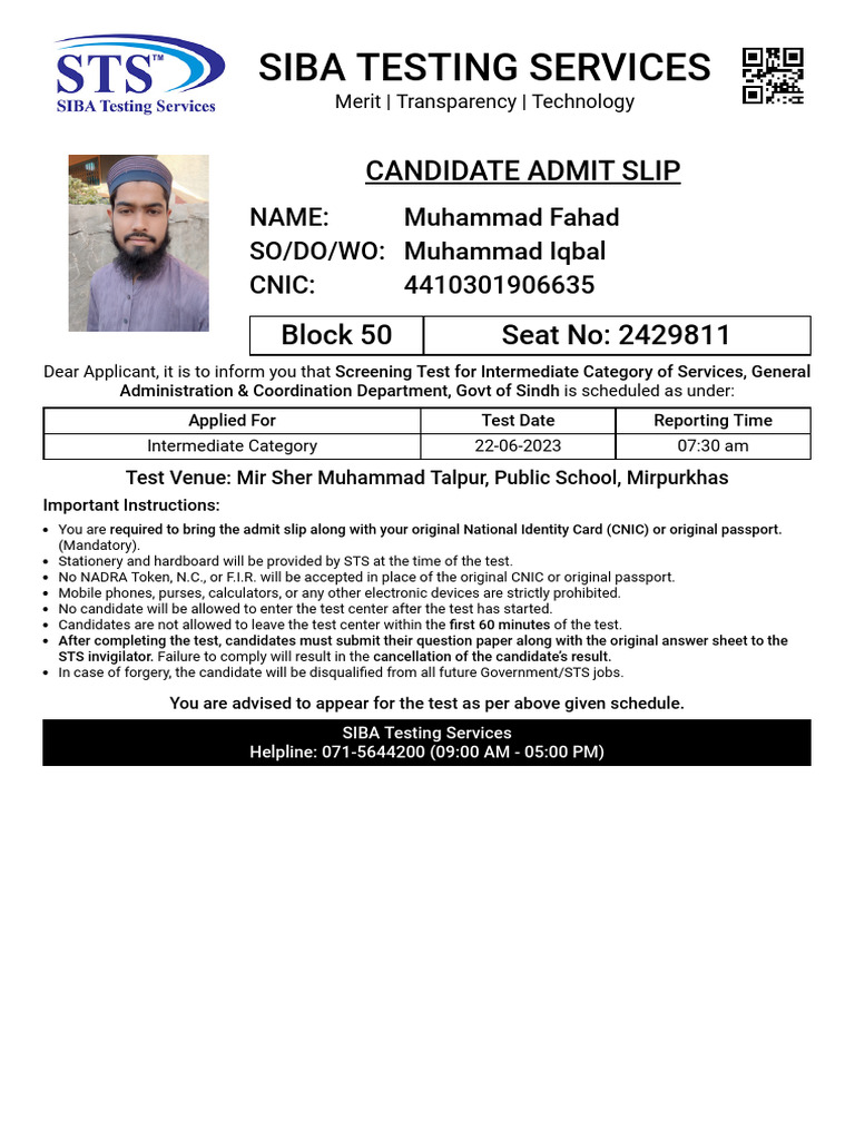 Siba Testing Services: Candidate Admit Slip | PDF