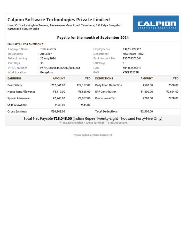 September 2024 Payslip for T Sai Kranthi | PDF