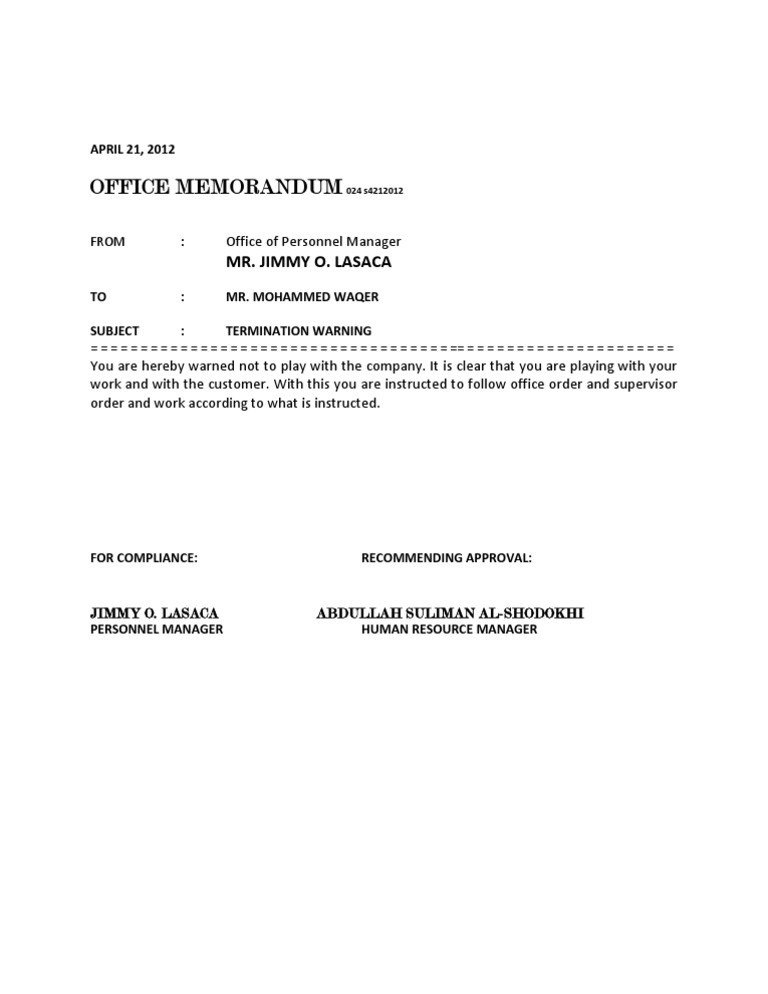 Termination Warning Memo for Employee | PDF | Finance & Money Management