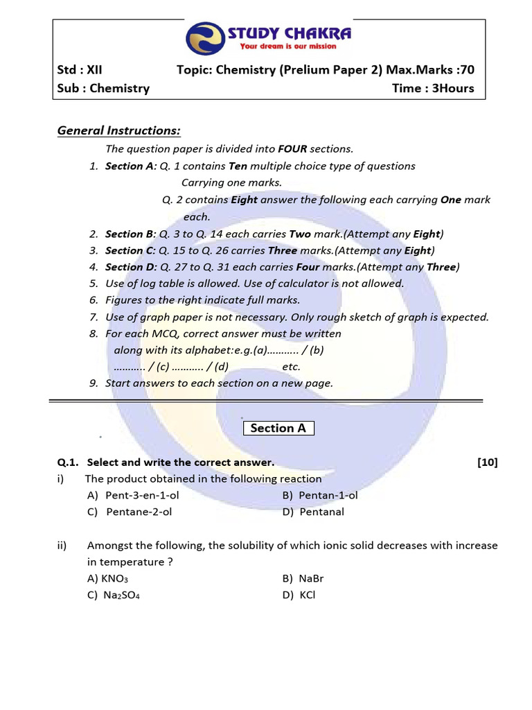 Chemistry XII Prelim Exam Paper | PDF | Acid | Chemical Reactions