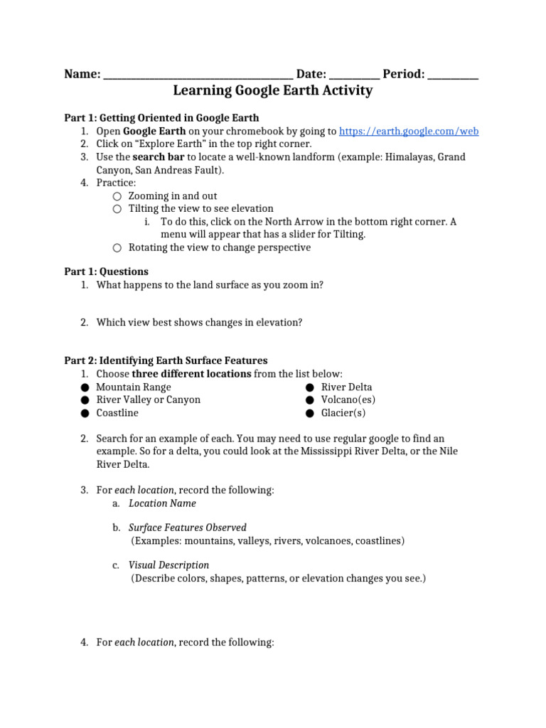Google Earth Exploration Activity Guide | PDF | Valley | Earth