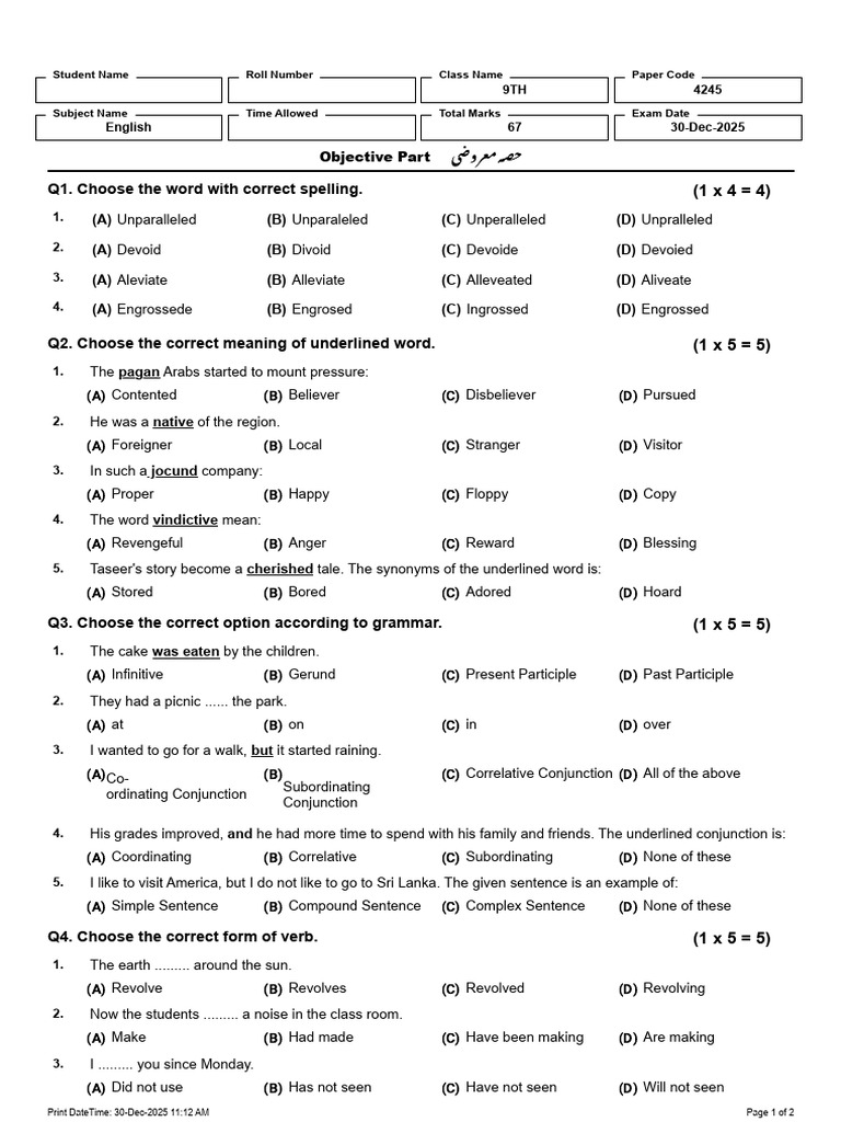 First Half English Test | PDF | Linguistics | Grammar