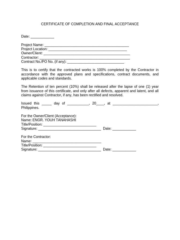 Certificate of Final Completion and Acceptance | PDF
