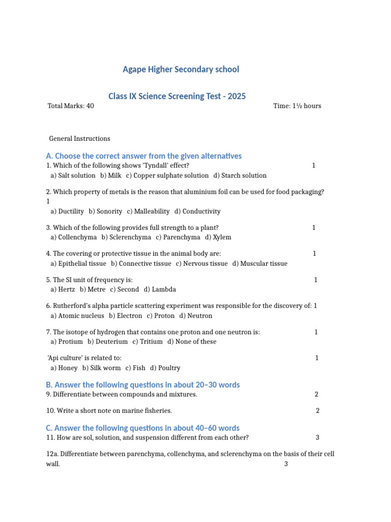 Class IX Science Screening Test 2025 Extra) | PDF | Tissue (Biology ...