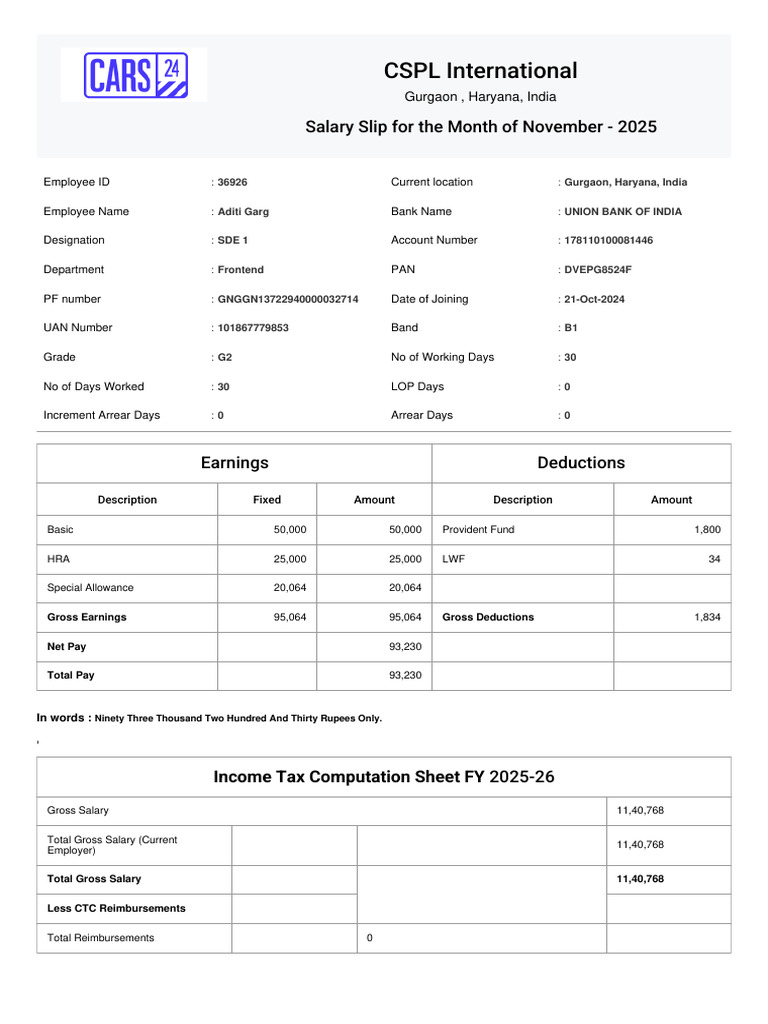 CSPL International: Salary Slip For The Month of November - 2025 | PDF ...