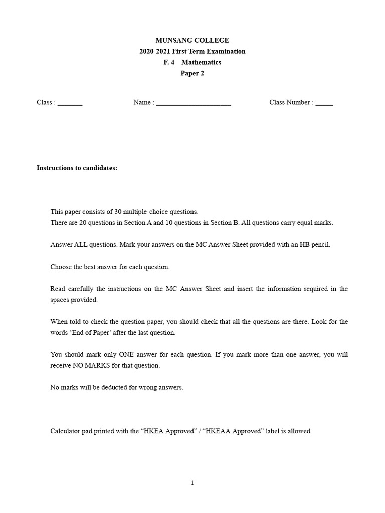2020-21 F4 Math E1 P2 QP | PDF | Quadratic Equation | Elementary ...
