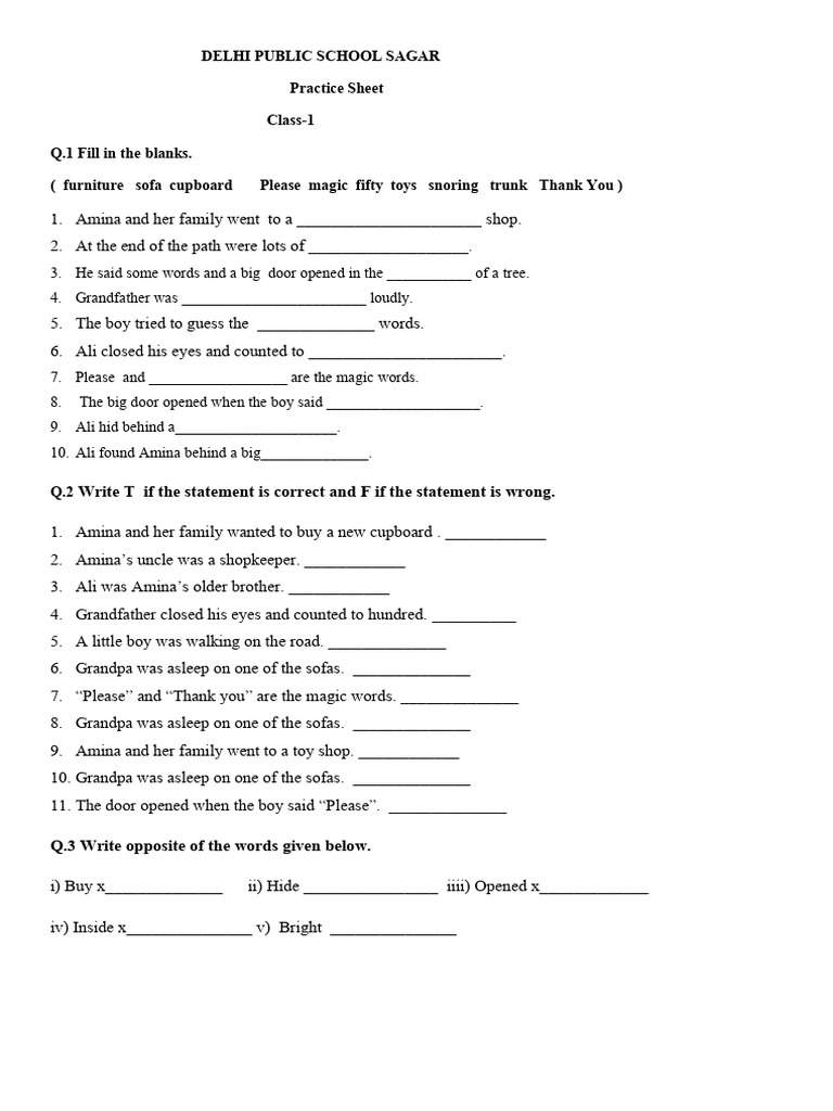 Class 1 Practice Sheet: Fill in Blanks | PDF