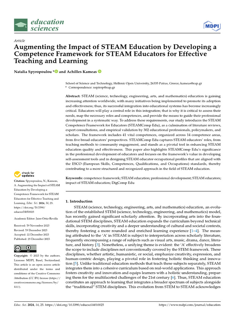 Augmenting the Impact of STEAM Education by Developing a Competence ...