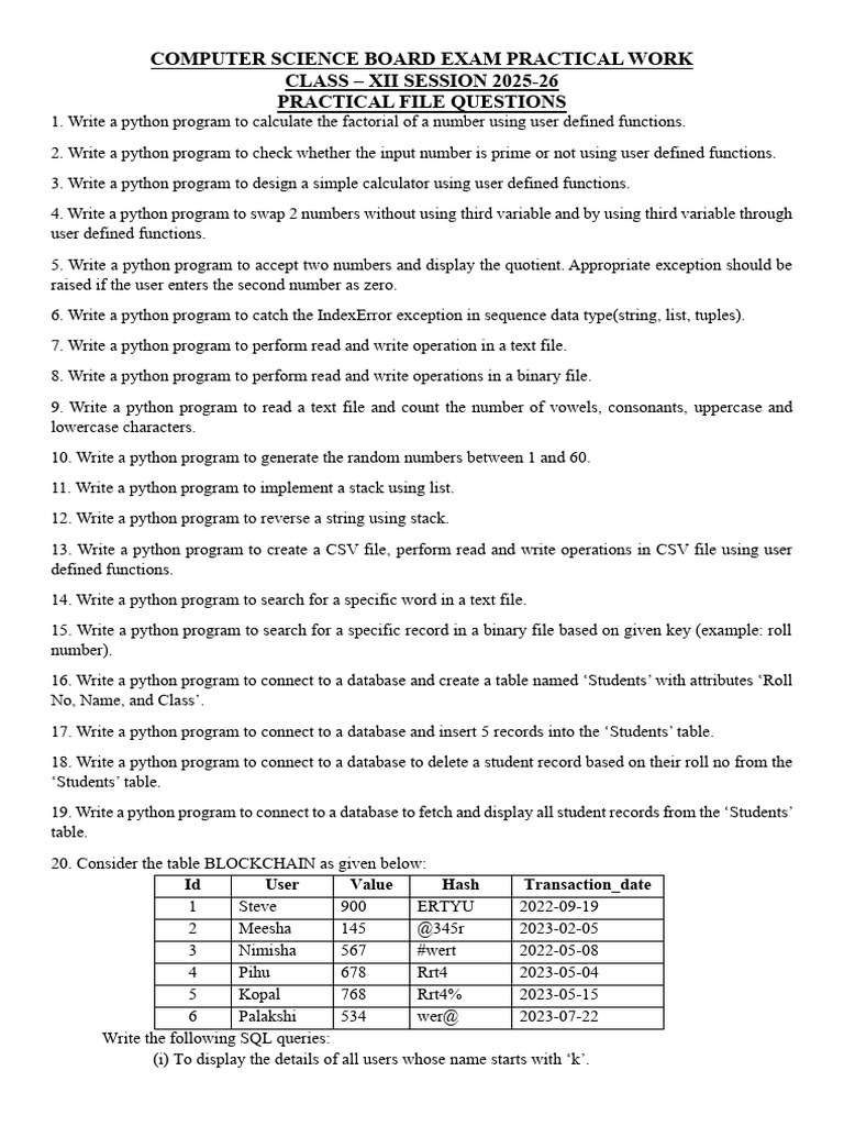 12th CS Practical File 2025-26 | PDF | Python (Programming Language ...