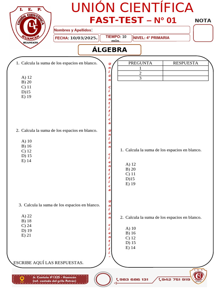 Test de Álgebra para 4° Primaria | PDF