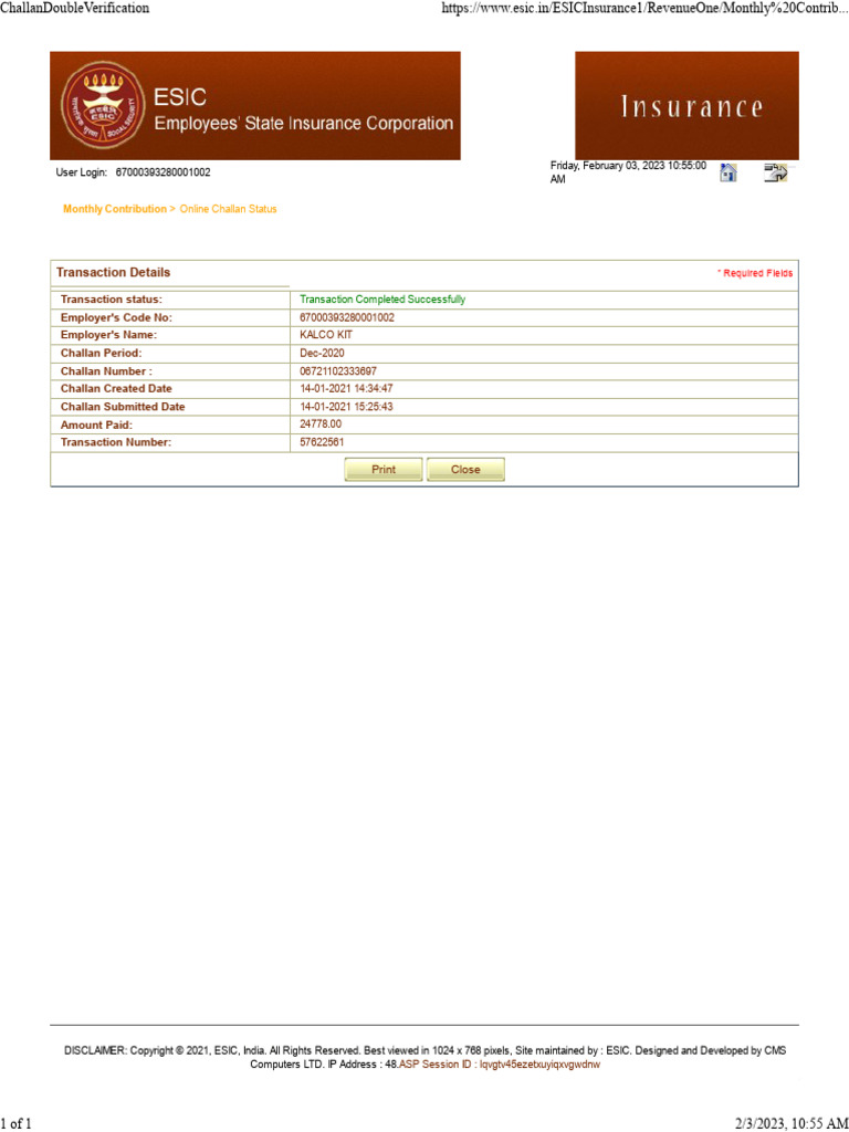 ESIC Online Challan Transaction Details | PDF