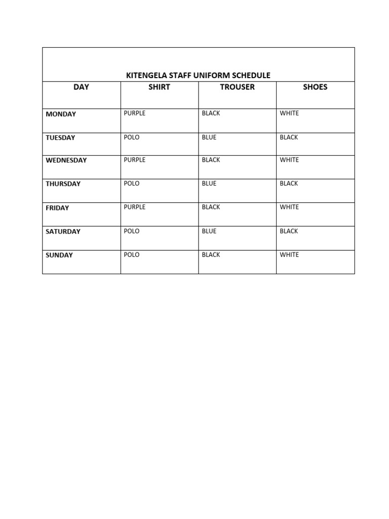 Kitengela Staff Uniform Schedule | PDF