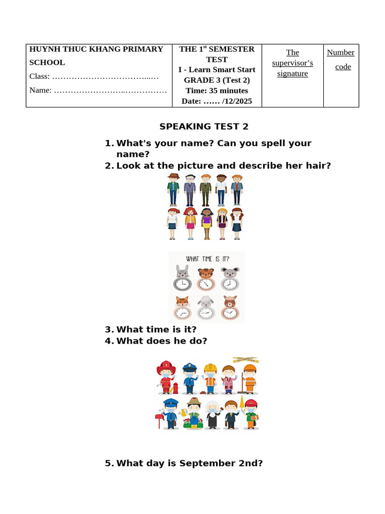 Grade 3 Semester 1 Speaking Test | PDF