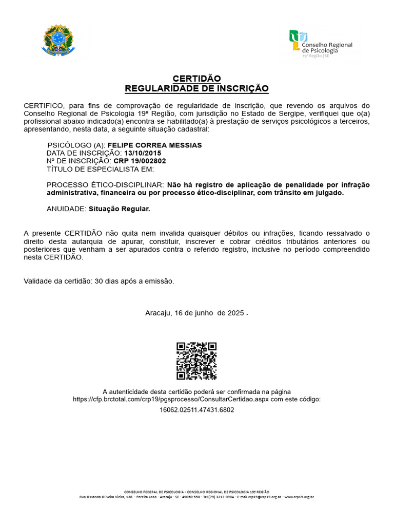 Certidão de Regularidade CRP 19ª Região | PDF