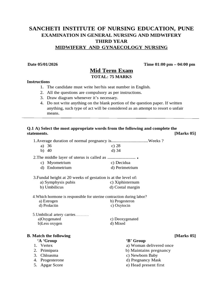 MIdwifery and Gynecology Nursing Mid Que Paper | PDF | Uterus | Childbirth