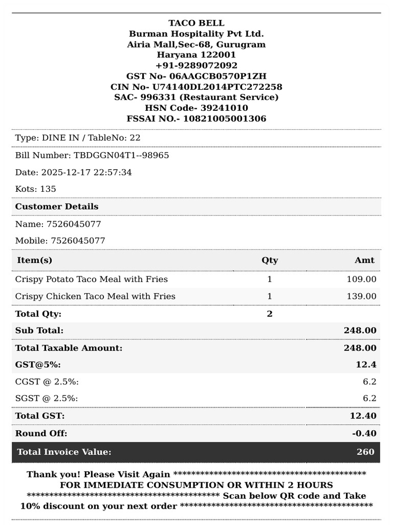 Taco Bell Invoice - Gurugram Order Details | PDF