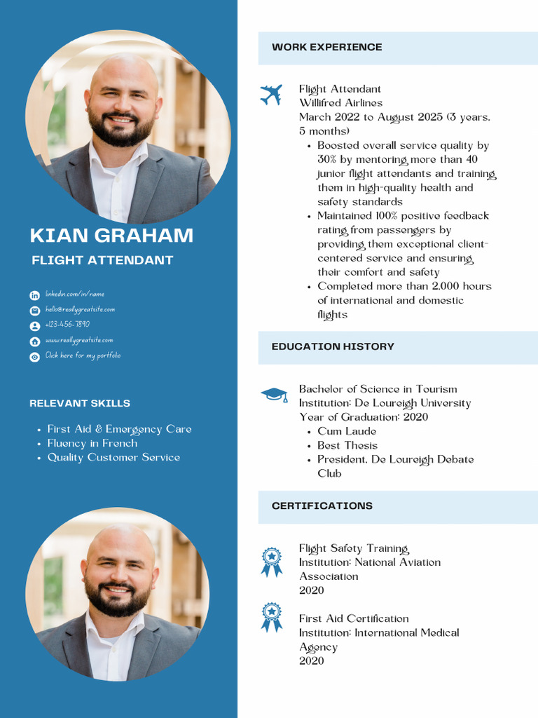 Blue Light Blue Color Blocks Flight Attendant CV | PDF