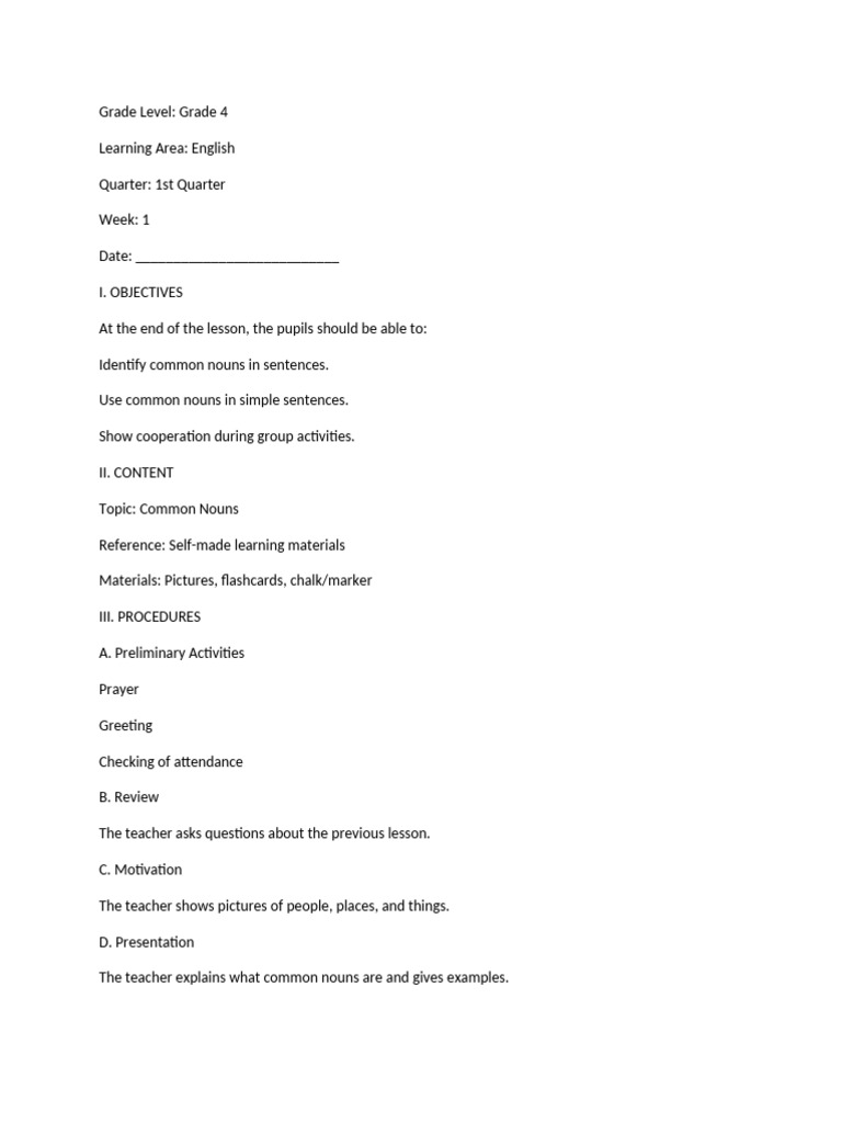 Grade 4 Common Nouns Lesson Plan | PDF