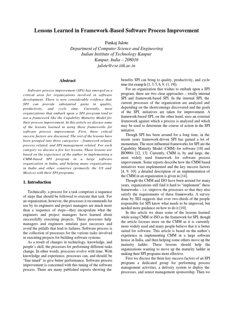 Lessons Learned in Framework-Based Software Process Improvement | PDF ...