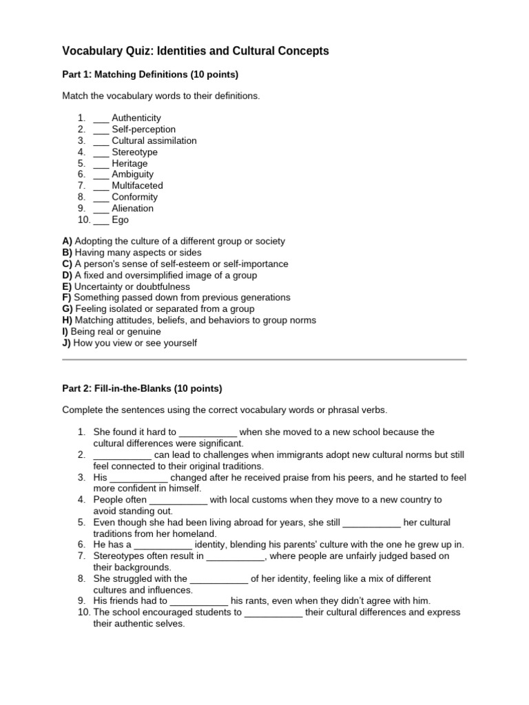 Vocabulary Quiz - Identities and Cultural Concepts | PDF | Traditions ...