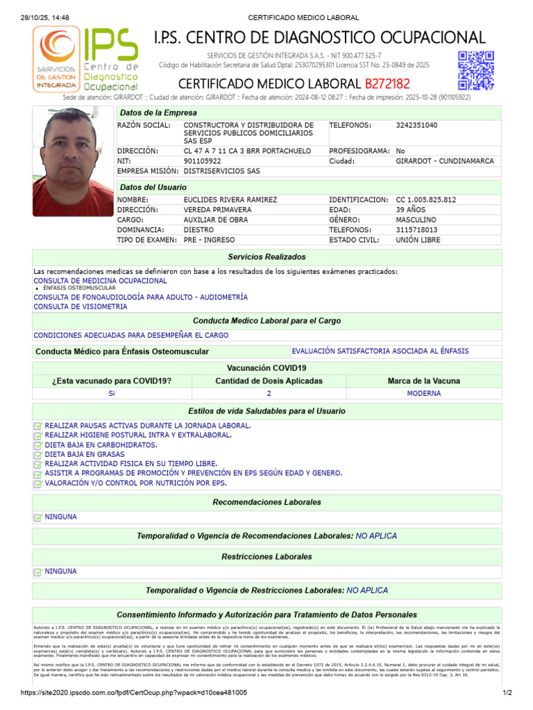 Certificado Medico Laboral - Euclides Rivera 1 | PDF | Medicina