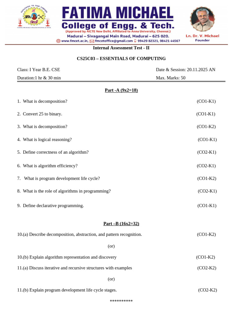 Internal Assessment Test -II 1st Yr EC QP | PDF
