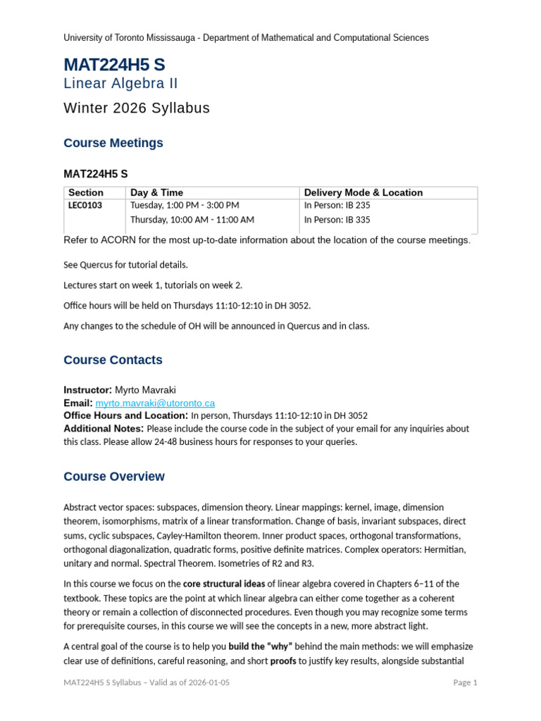 Cis Syllabus 20261 MAT224H5 S LEC 0103 | PDF | Linear Map | Linear Algebra