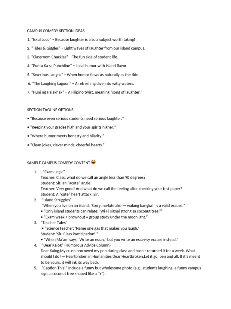 Campus Comedy Ideas for Students | PDF | Jokes