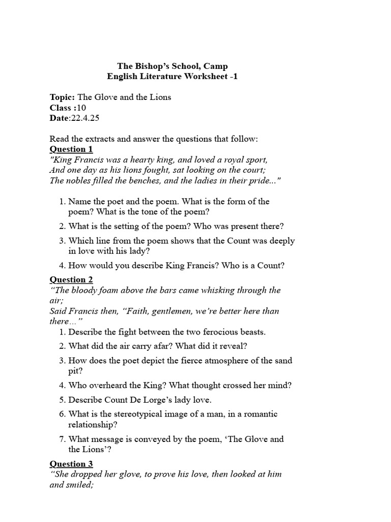 English Literature Worksheet: The Glove and the Lions | PDF