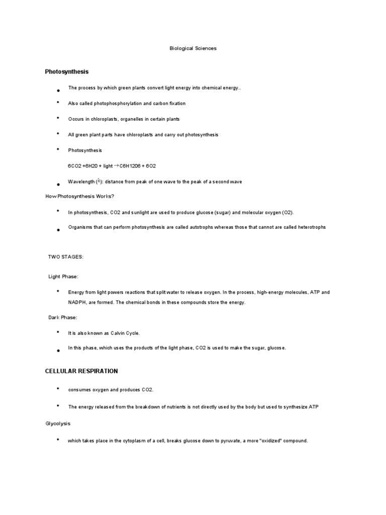 Photosynthesis and Cellular Respiration Summary | PDF | Cellular ...