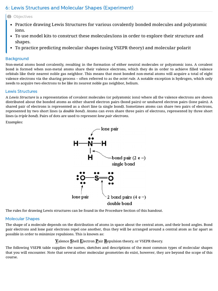 6_ Lewis Structures and Molecular Shapes (Experiment) - Chemistr | PDF ...