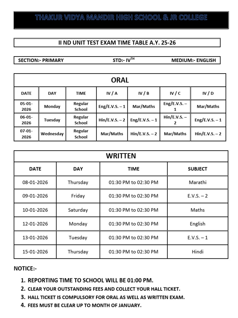 IV Unit Test Time Table 2025-26 | PDF | Linguistics | Grammar