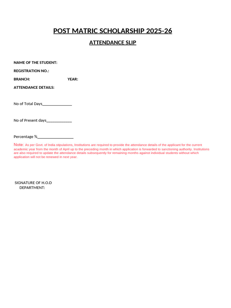 POST MATRIC Attendance Format | PDF