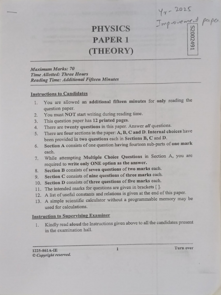 Grade 12-Improvement Paper 2025 | PDF
