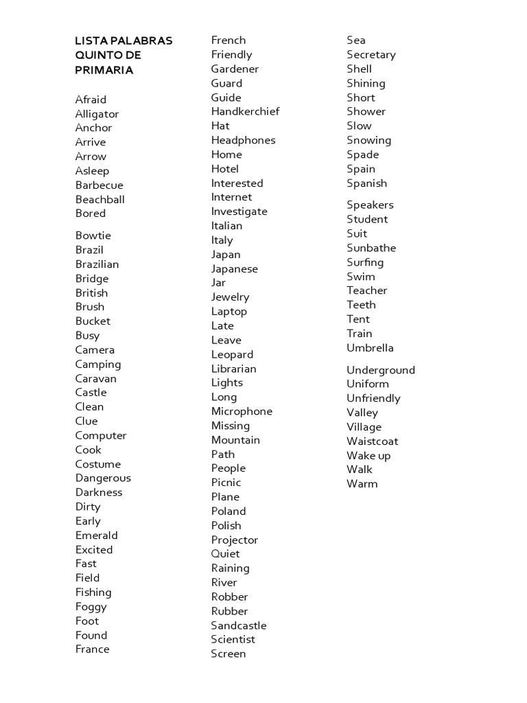Word Lists for Primary and ESO Levels | PDF