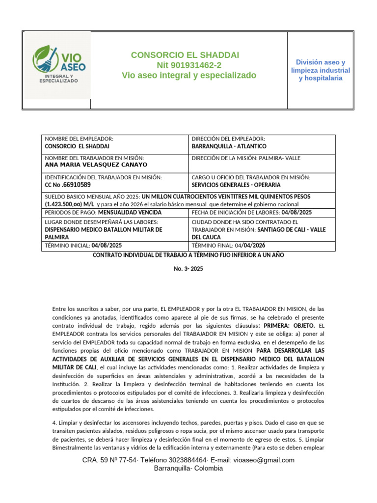 Contrato El Shaddai Aseo Ana Maria Agosto- Abril 2026 | PDF | Derecho ...