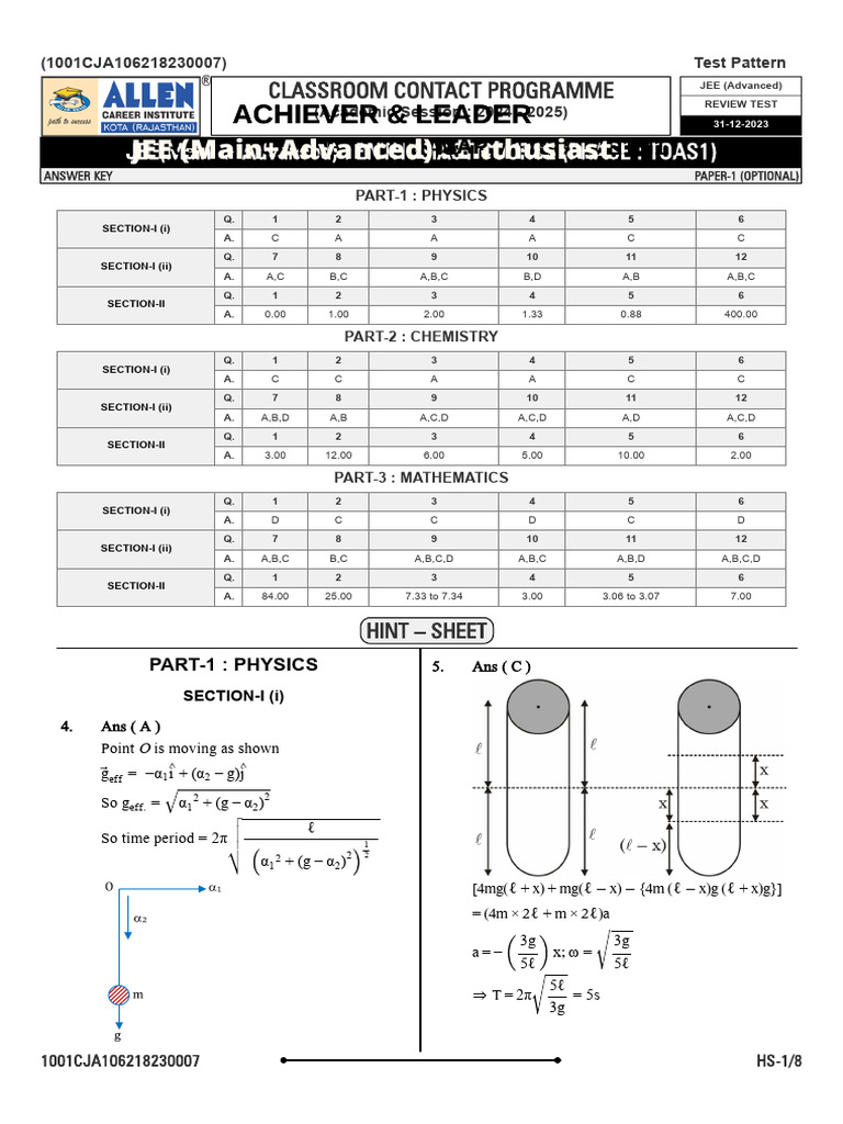 31st December 2023 JEE ADVANCED Answer Key Set-2 | PDF