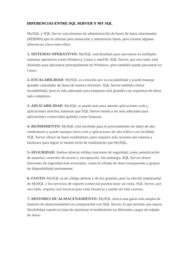 Diferencias Entre SQL Server y My SQL y Postgre SQL | PDF | Servidor ...