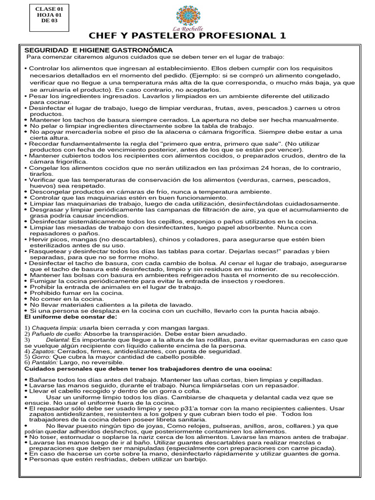0001- Clase 01, Hoja 01, Seguridad e Higiene | PDF | Lavado de manos | Alimentos