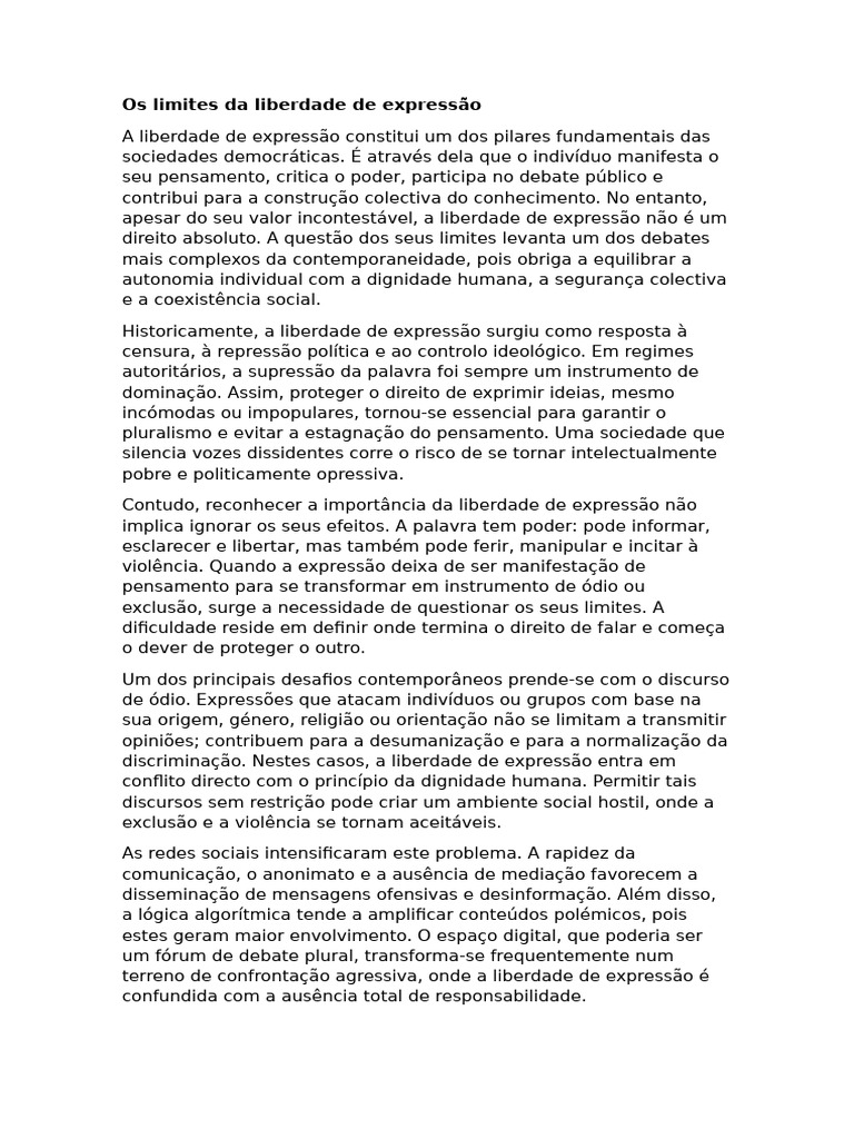 Limites da Liberdade de Expressão | PDF | Liberdade de expressão ...