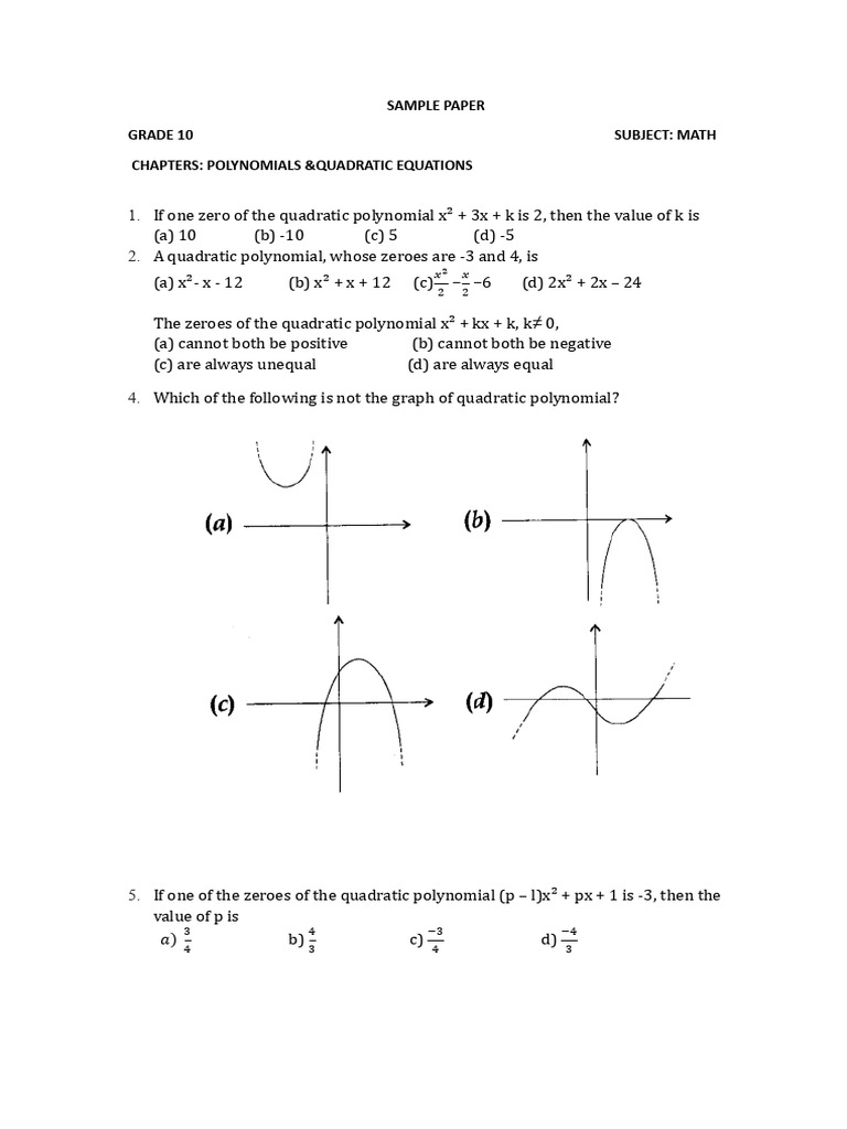 Grade 10 Math: Quadratics & Polynomials Exam | PDF | Quadratic Equation ...