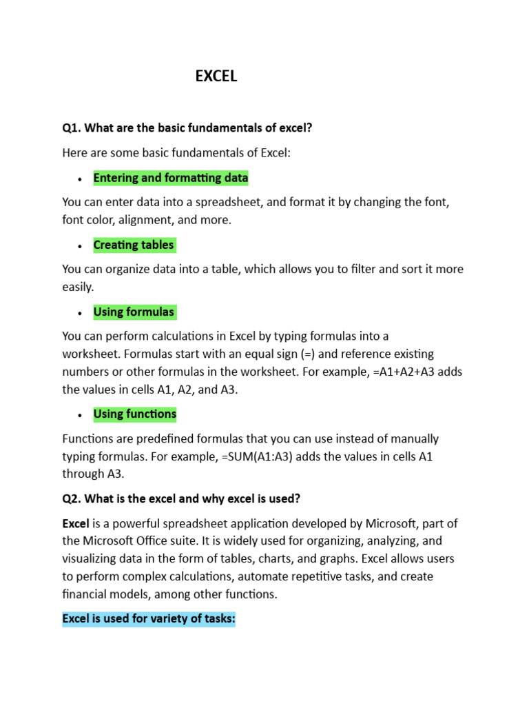 Excel Theory Notes | PDF | Microsoft Excel | Spreadsheet