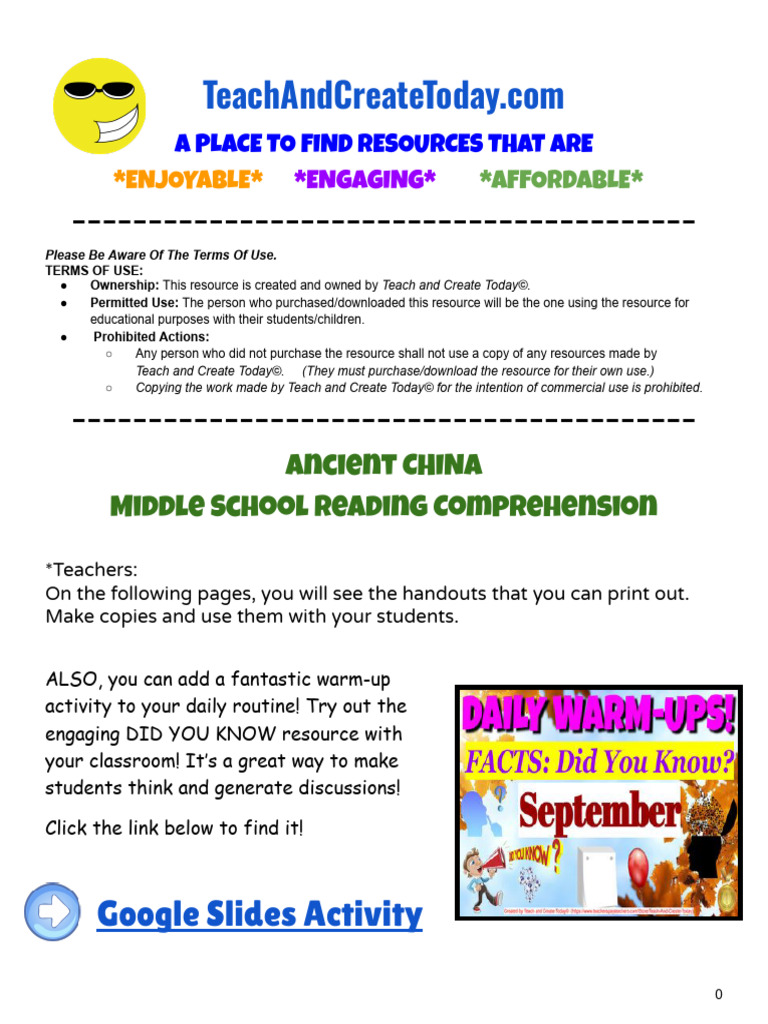 Ancient China Reading Comprehension Guide | PDF | History Of China ...