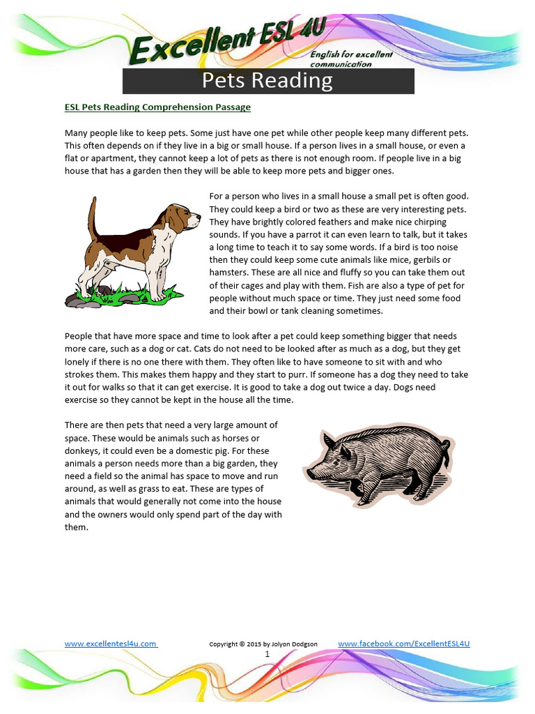 ESL Pets Reading Comprehension Guide | PDF | Pet | Domesticated Animals