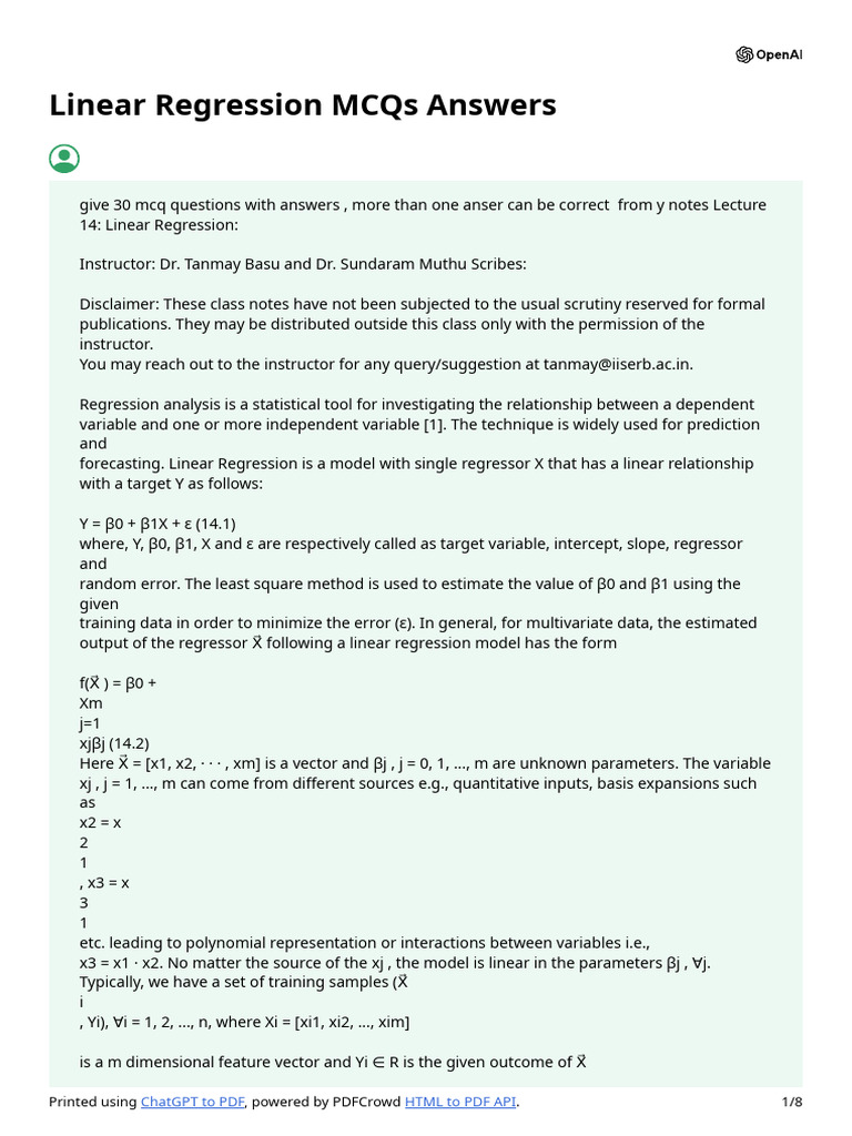 Linear Regression MCQs with Answers | PDF | Linear Regression ...
