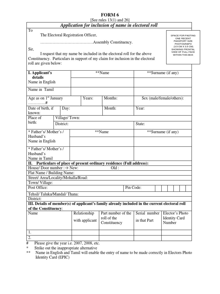 Voter ID Form For Tamilnadu | Identity Document | Government Information