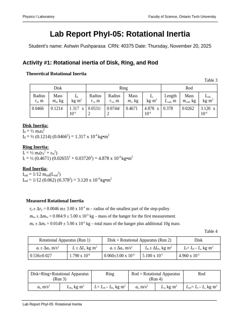 Rotational Inertia Report | PDF | Experiment | Acceleration