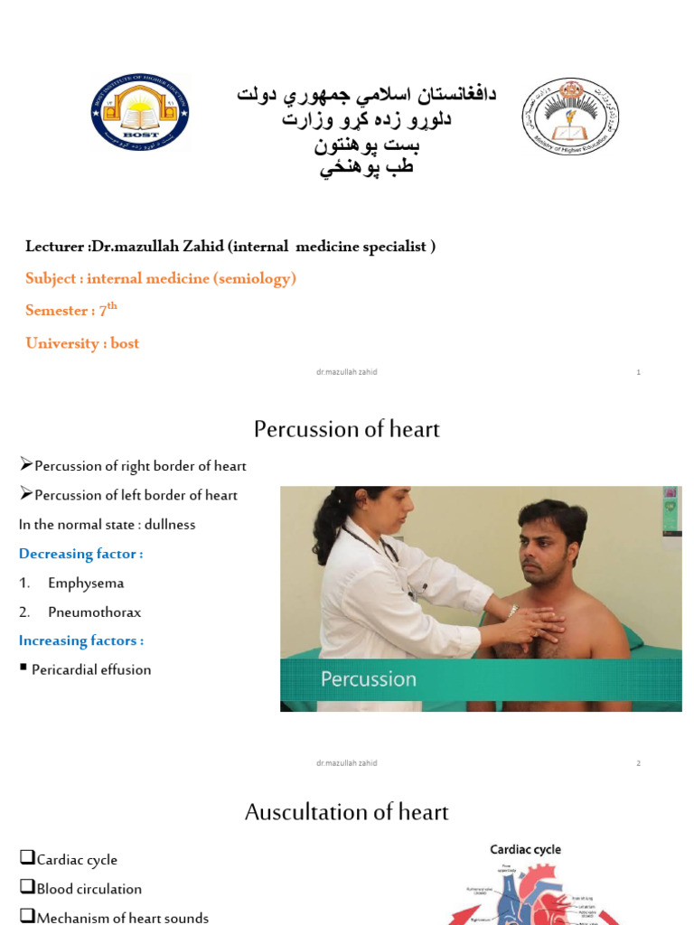 Percussion and Auscultation of CVS System | PDF | Heart | Heart Valve
