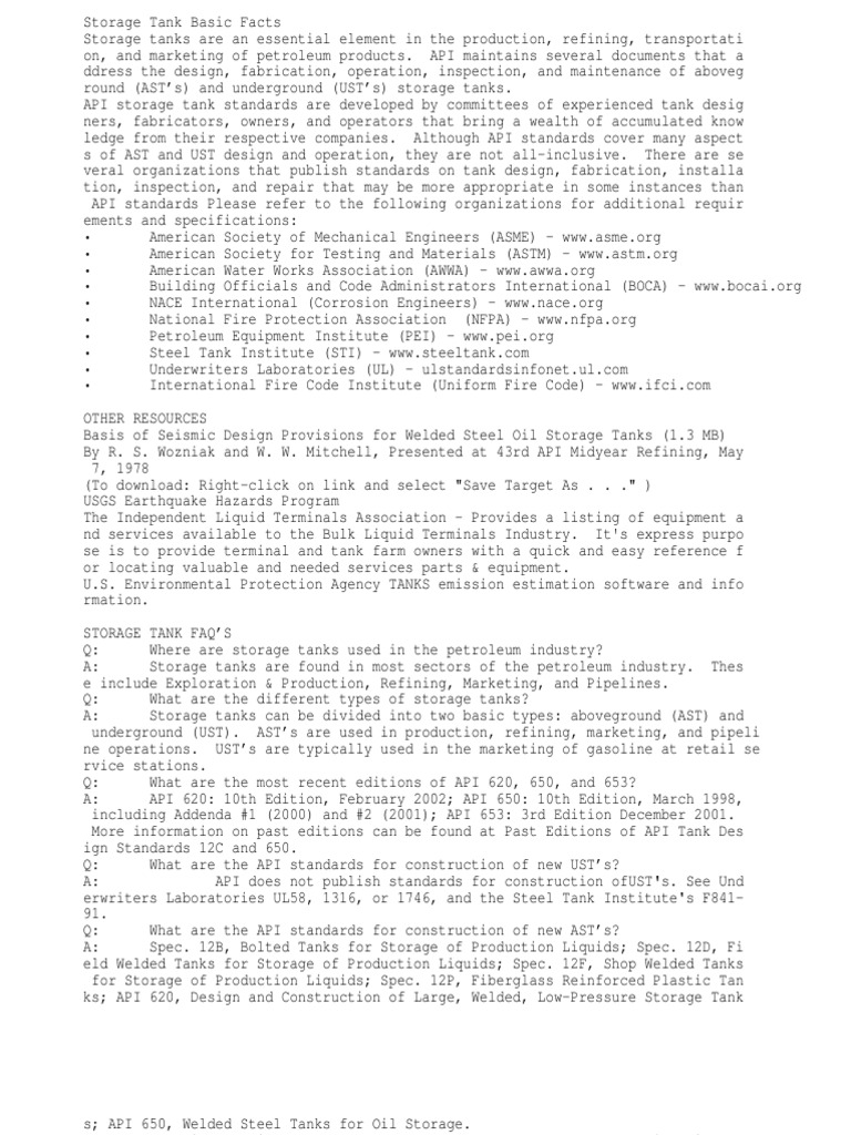 API Standards for Storage Tanks Overview | PDF | Application ...