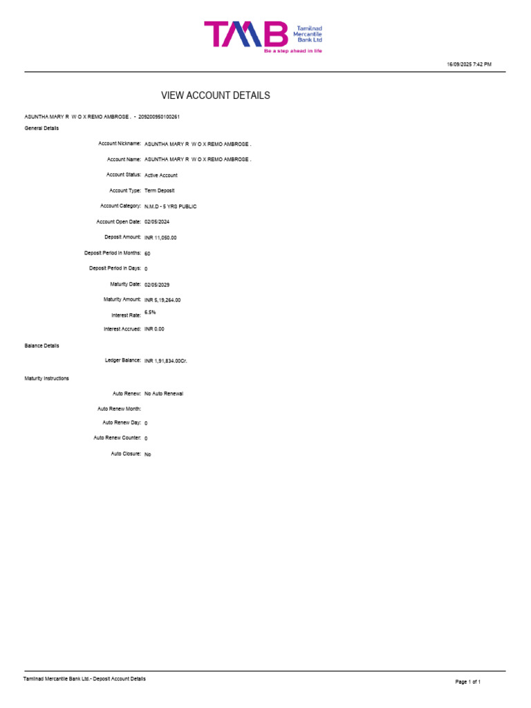 Term Deposit Account Details | PDF